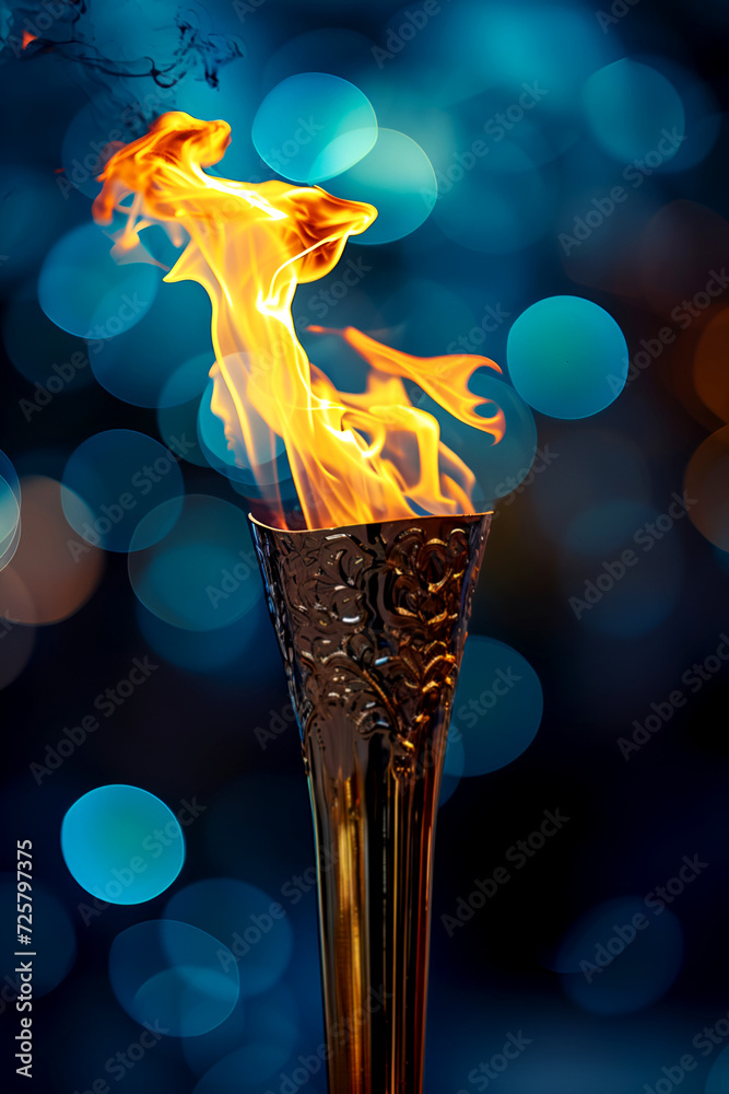 Burning torch against blurred bokeh lights, copy space. Symbol of ...