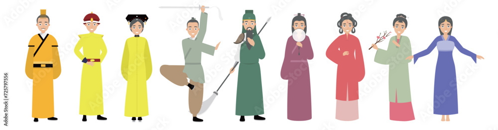 Ancient Chinese cartoon characters set asian guys wearing traditional ...