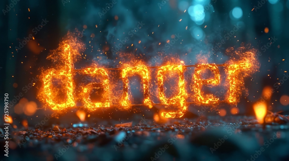 "Danger" text consisting of fiery letters that burn and sparkle on a ...