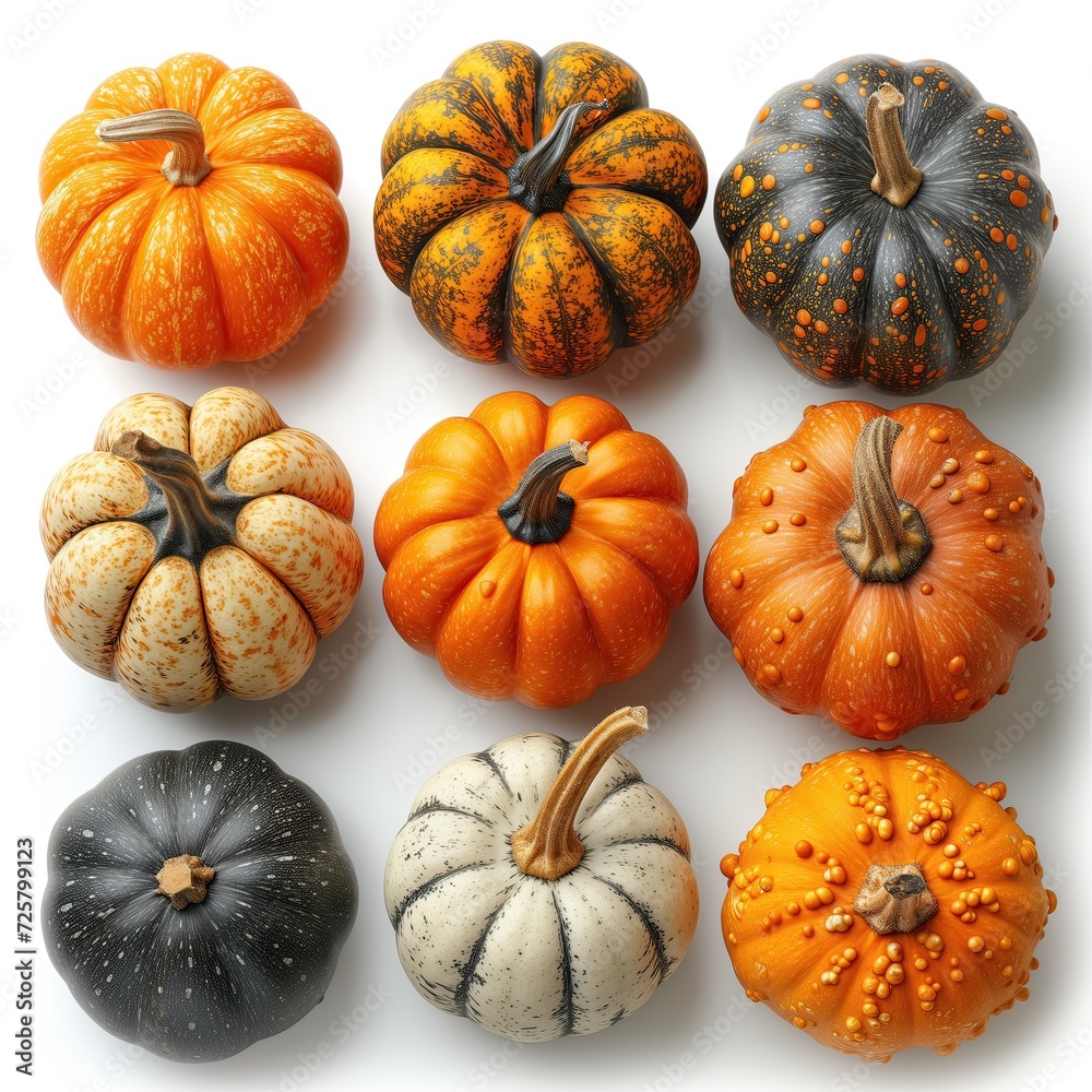 Template of nine small, colorful pumpkins on a white background ...