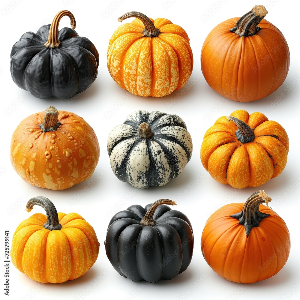 Plantilla de nueve calabazas pequeñas, coloridas, sobre fondo blanco ...