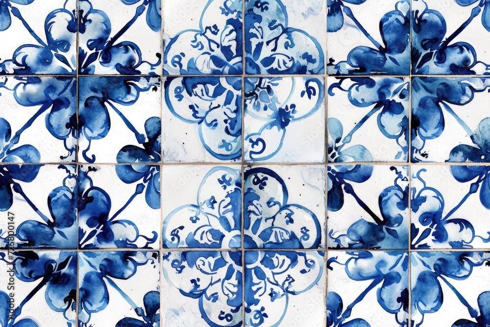 Portuguese azulejo tiles. Blue and white gorgeous seamless patterns ...