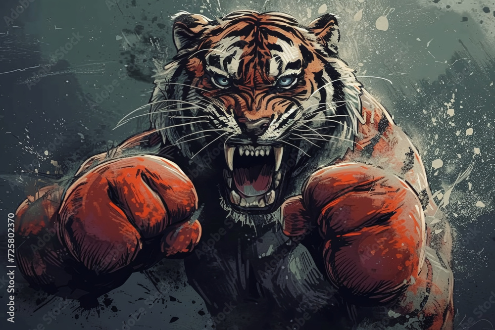 Ferocious tiger boxing in the ring, banner for sport or boxing section ...