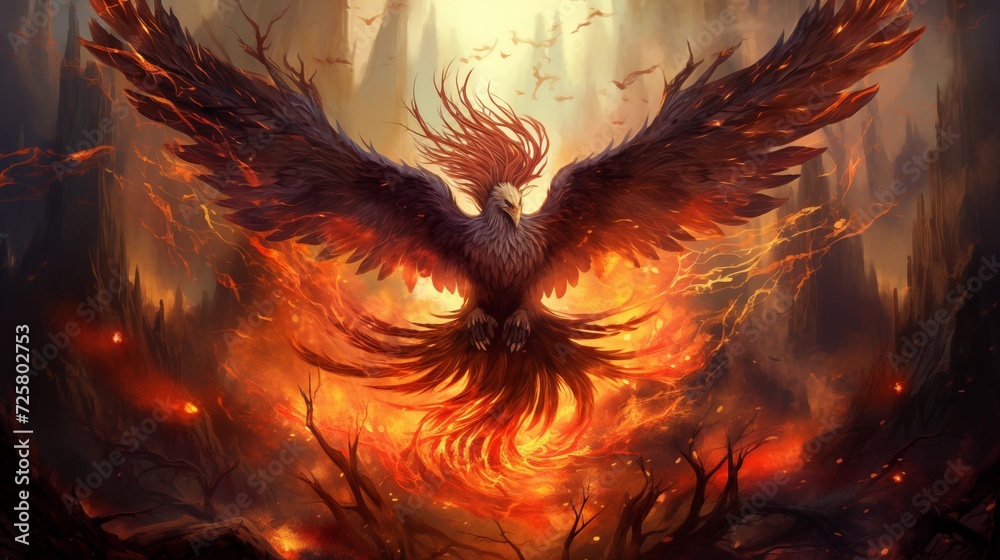 Phoenix Rising from Ash Forest Stock Illustration | Adobe Stock