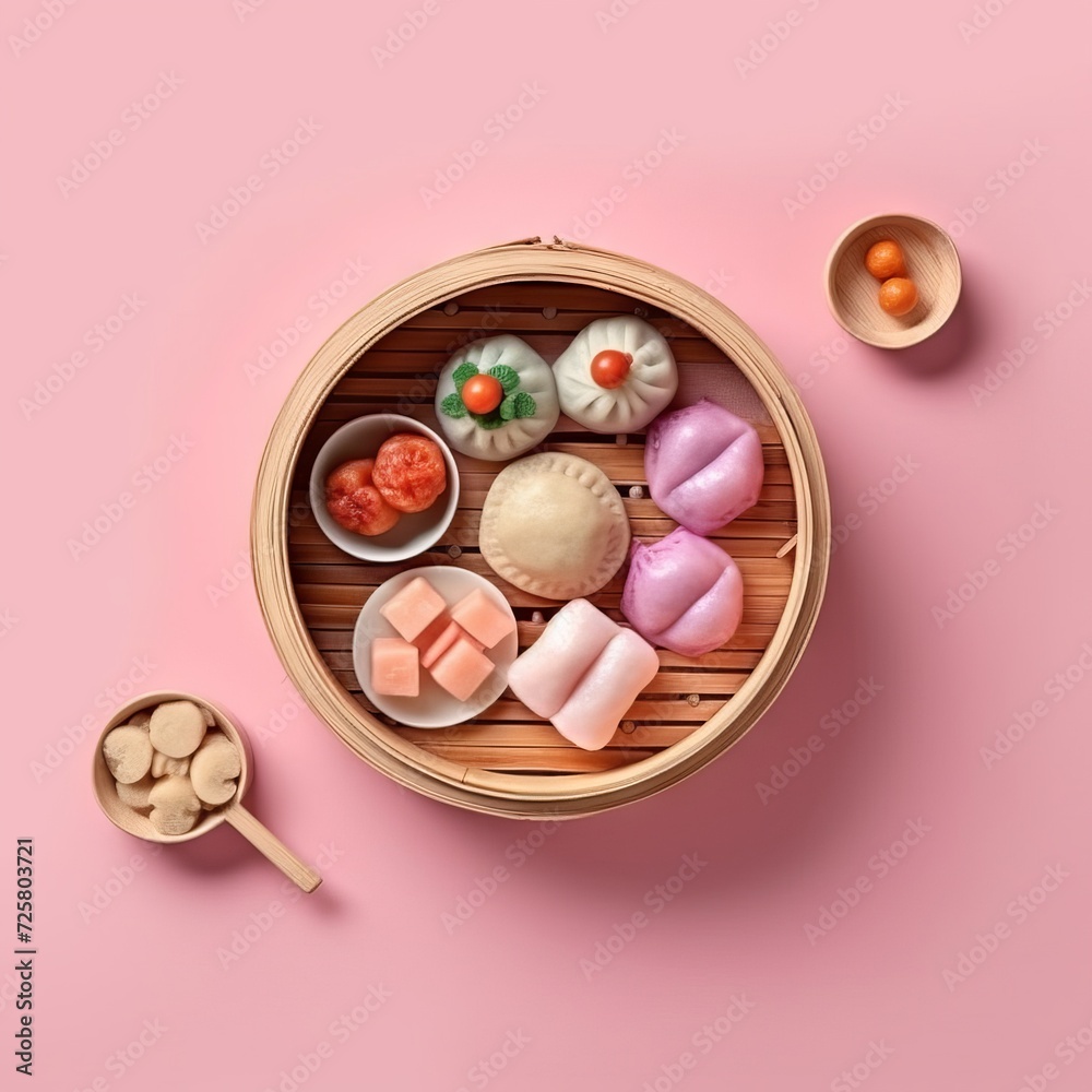 Variety of traditional Asian dim sum in an elegant bamboo steamer on a ...