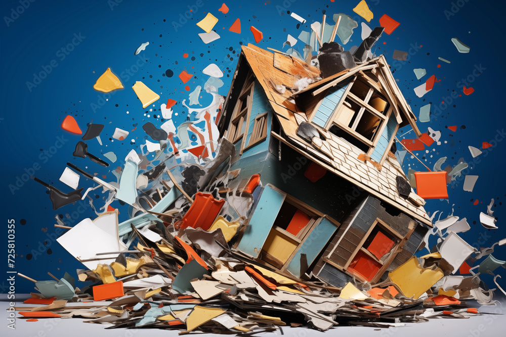 Abstract painting of a hoarder house exploding with too much stuff ...