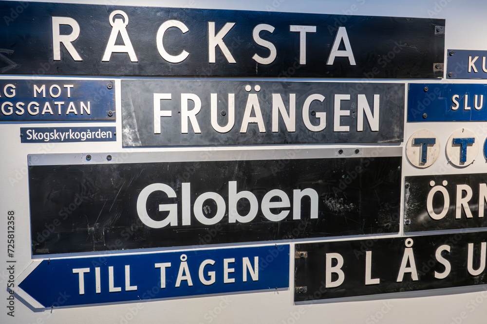 Stockholm, Sweden A collection of old subway and bus stop signs at the ...