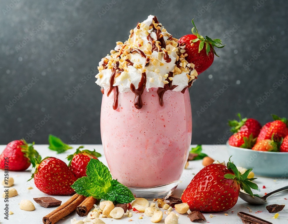 Milkshake de morango com chantilly, calda de chocolate e amendoim ...