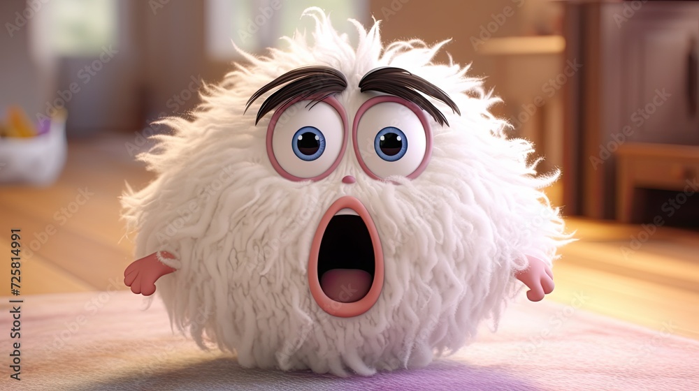 A fluffy ball-shaped surprised purple colored monster screams and waves ...