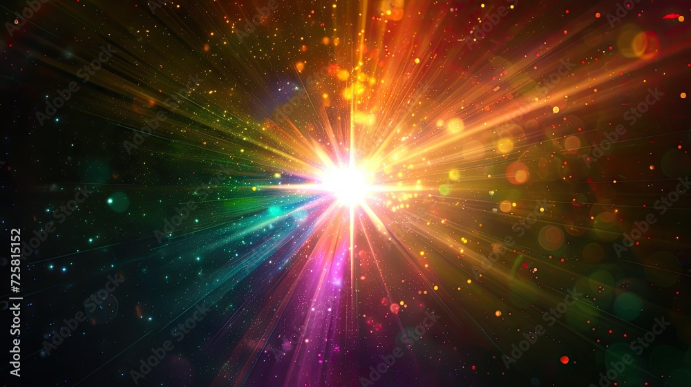 Abstract solar explosion, digital flare, and rainbow glare on a black ...