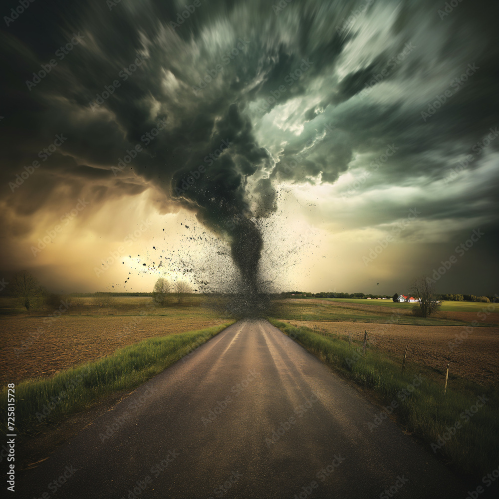 Raging tornado at the end of road with grass fields and houses covering ...