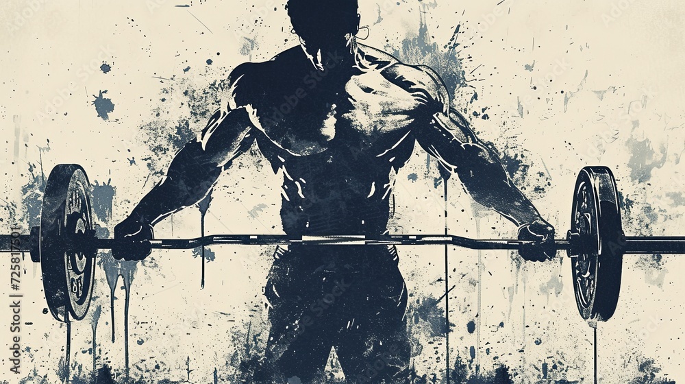 A strong athlete with large textured muscles holds a barbell with small ...