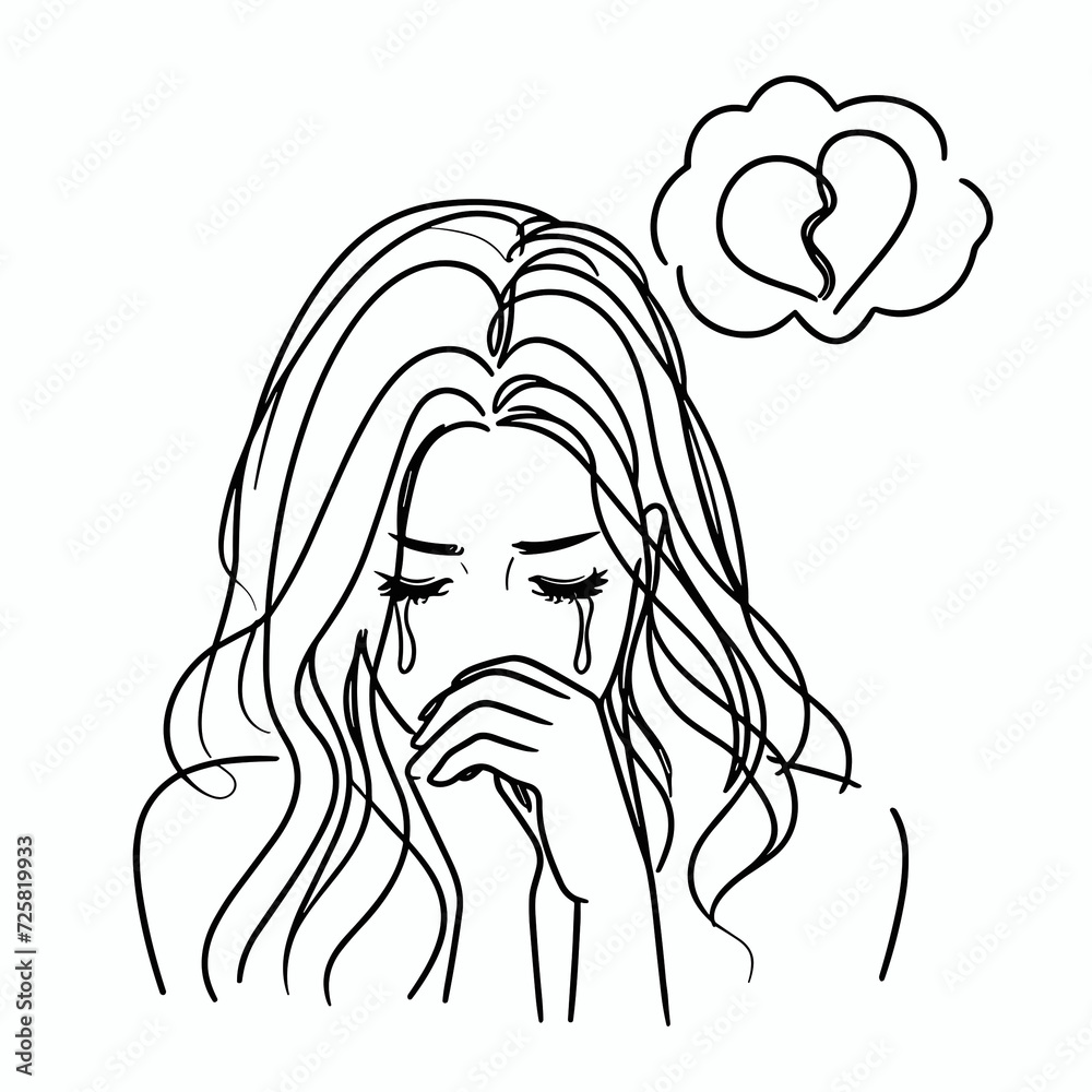 User Monochrome Sadness: Line Art of a Crying Girl with a Broken Heart ...
