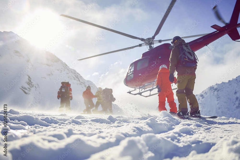 Rescue team and rescue helicopter rescuing a man at snow mountain ...