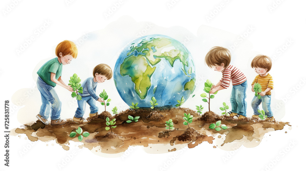 The concept of Happy Earth Day. Cartoon characters planting seedlings ...