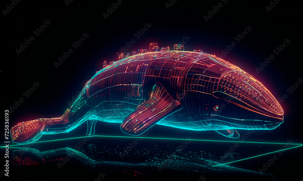 Digital whale with neon communications and connections background ...