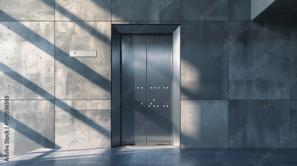 plain metallic silver elevator door against a sleek concrete wall ...
