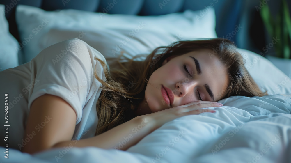 beautiful young girl sleeping in bed, pillow, blanket, lifestyle ...