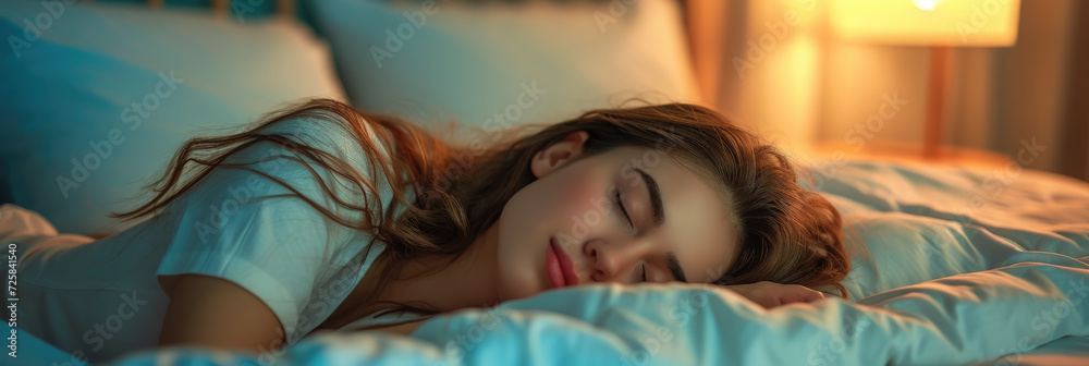 beautiful young girl sleeping in bed, pillow, blanket, lifestyle ...