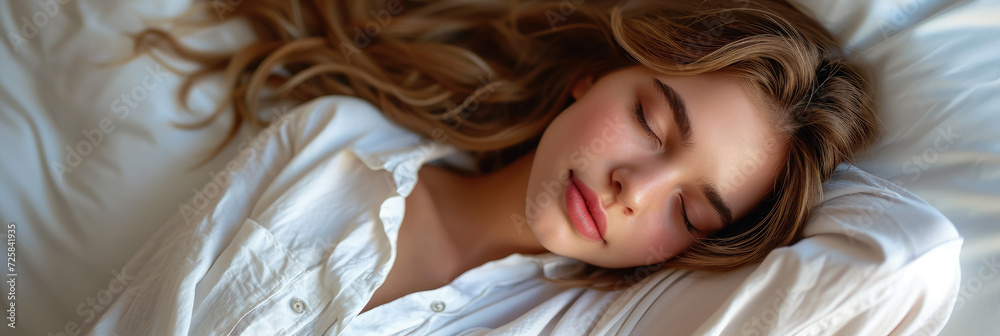 beautiful young girl sleeping in bed, pillow, blanket, lifestyle ...