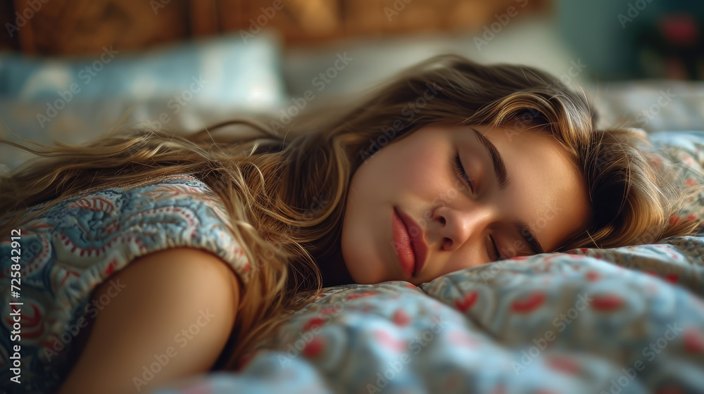 beautiful young girl sleeping in bed, pillow, blanket, lifestyle ...