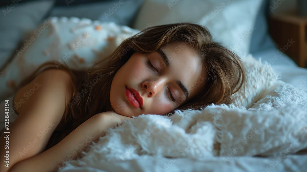 beautiful young girl sleeping in bed, pillow, blanket, lifestyle ...