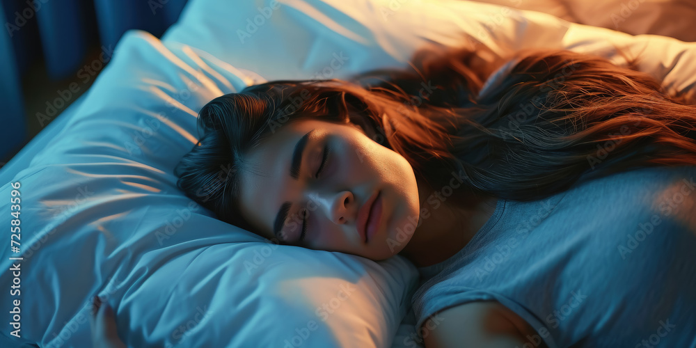 beautiful young girl sleeping in bed, pillow, blanket, lifestyle ...