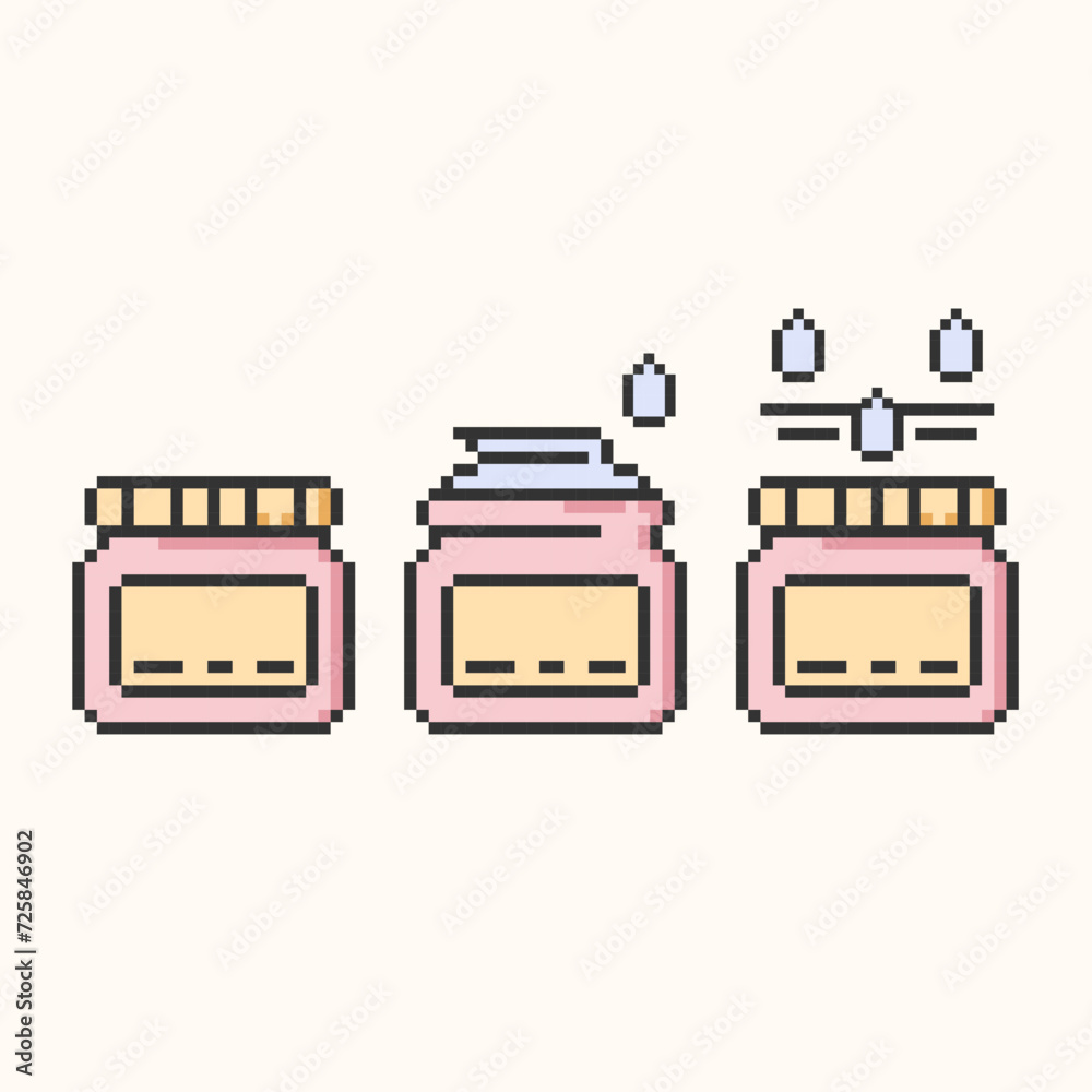 Cosmetic cream icon pixel art set.Dermatology, facial, lotion, balm ...
