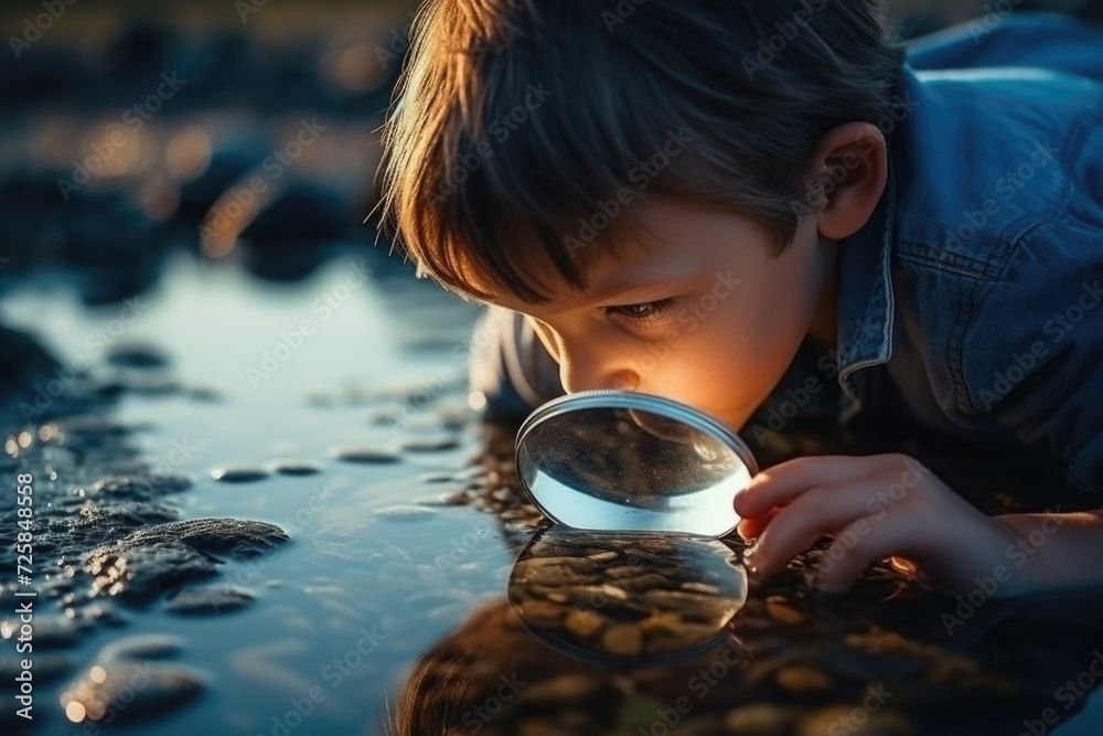 A young boy is using a magnifying glass to explore the world around him ...