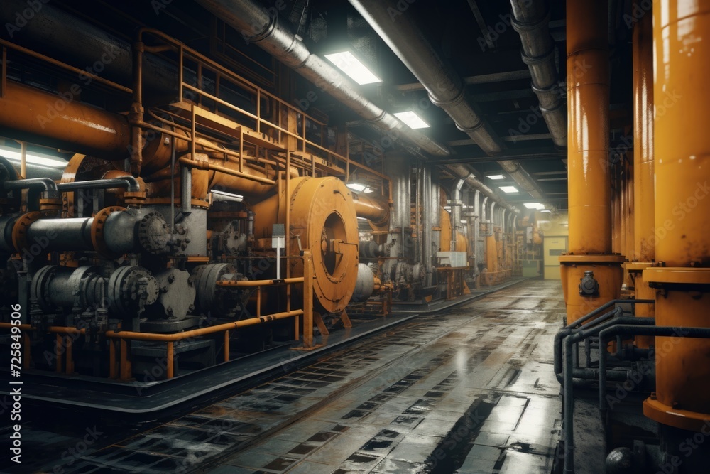 A picture of a large industrial area with pipes and valves. This image ...