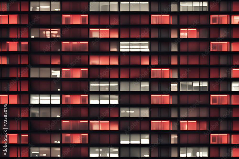 Seamless facade of a skyscraper with red tinted windows and shutters ...
