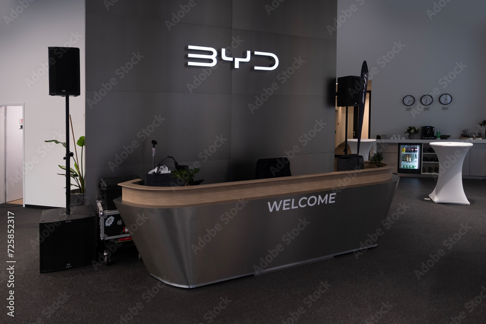 glowing Advertising banners BYD on black background, Chinese ...