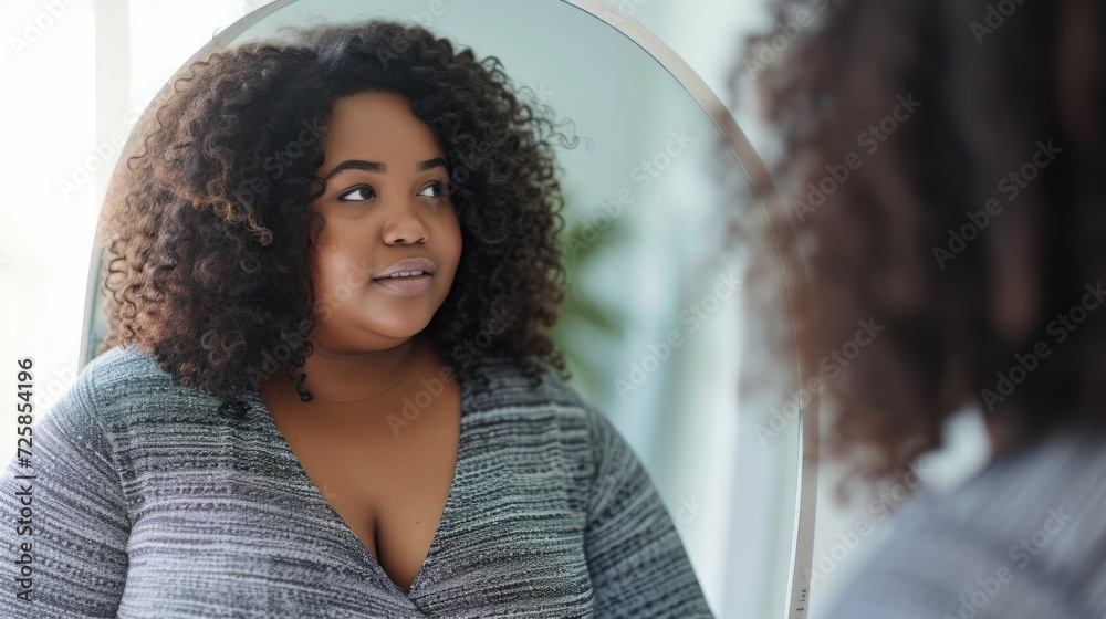 A plump black woman in front of a mirror looks at her body. A plus size ...