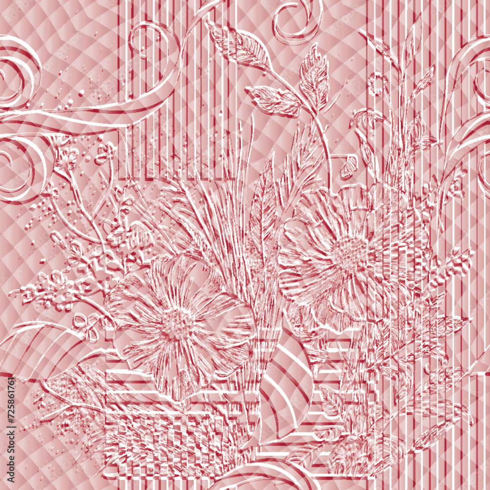 Pink 3d floral striped emboss lines flowers textured seamless pattern ...