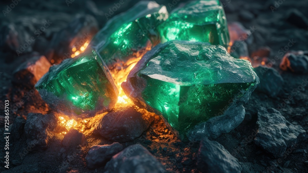 Ai Illustration of Obsidian Ash, Close Up Glowing Emerald Element ...