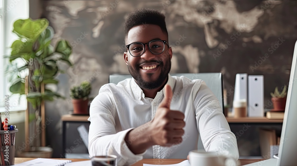 an attractive young man flashes a thumbs-up gesture at his office desk ...