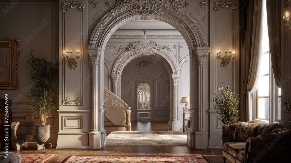 Victorian-style interior archway opening, showcasing intricate ...