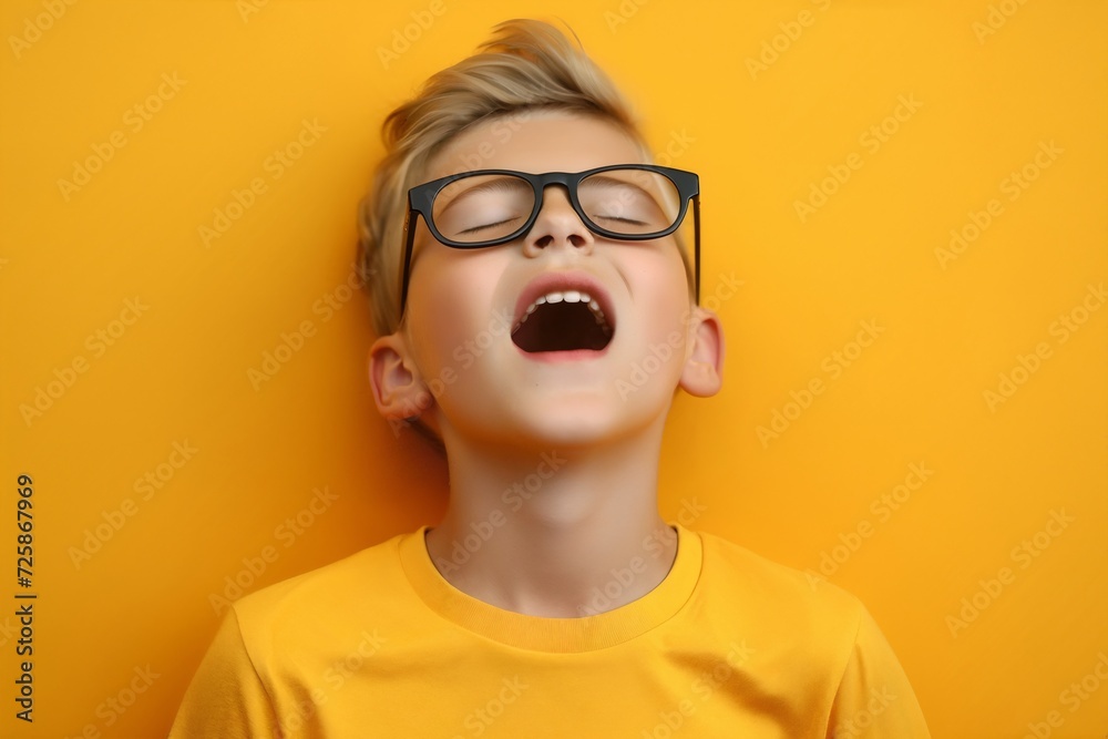 Young boy wearing glasses, his head tilted back, mouth wide open. He ...