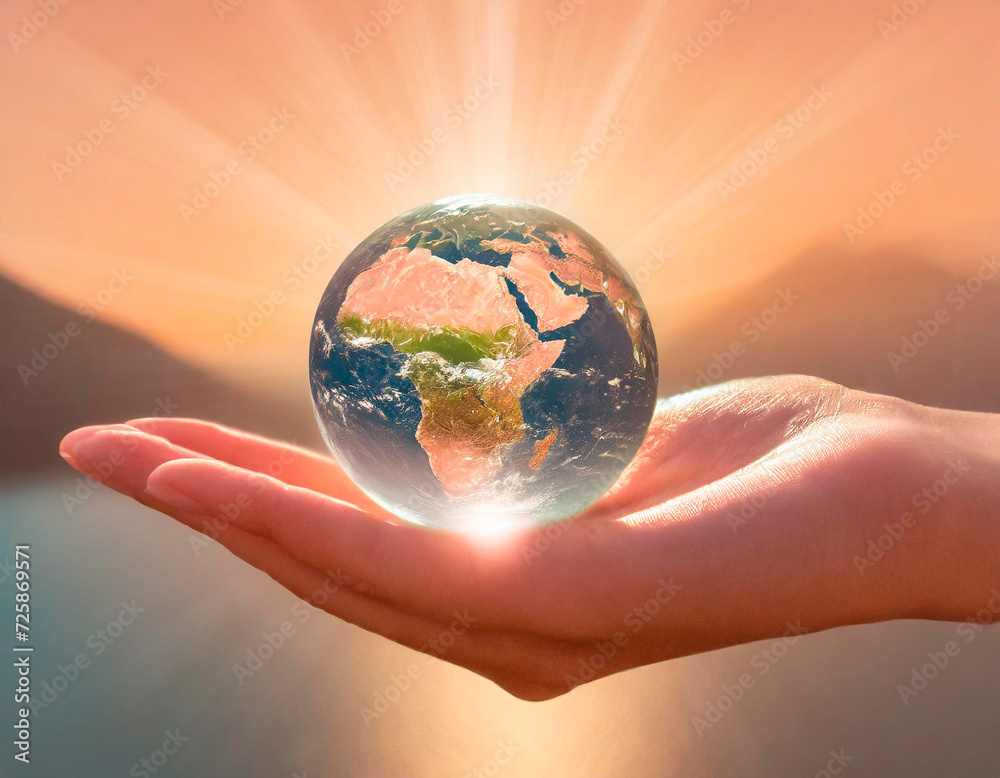 A small terrestrial globe on the palm of a hand with a faint radial ...