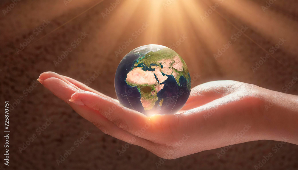 A small terrestrial globe on the palm of a hand with a faint radial ...