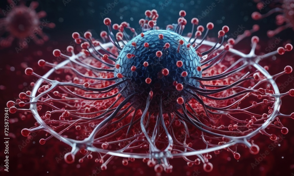 Abstract microbe flying among other bacteria on blue background ...