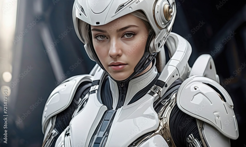 White sci-fi female armor with cybernetic helmet, insulated armor ...