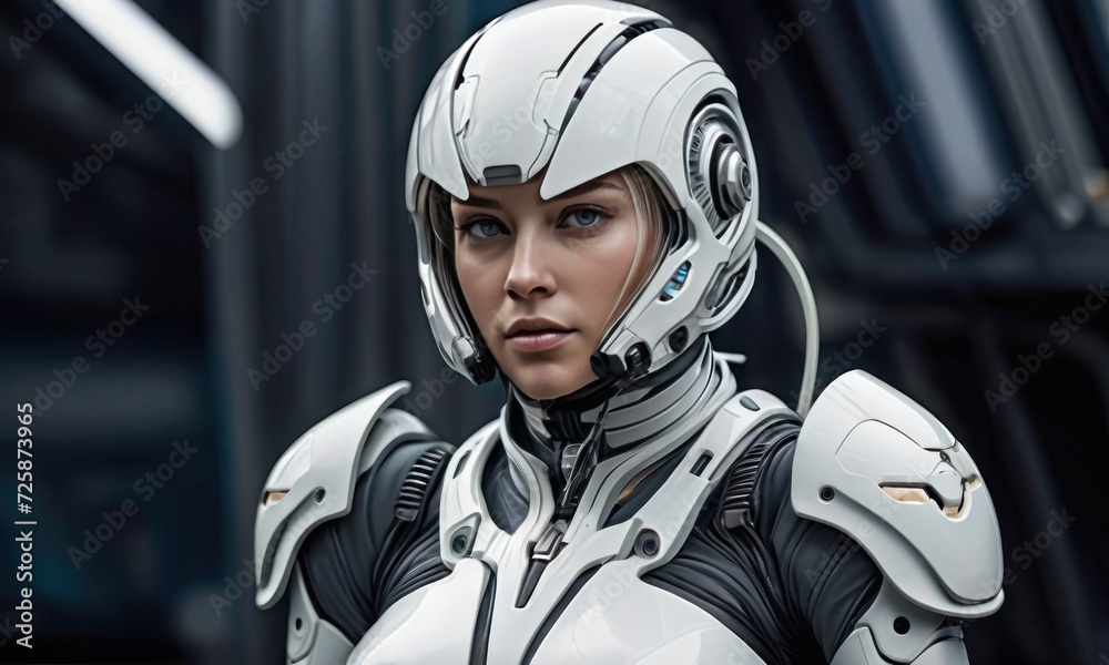 White sci-fi female armor with cybernetic helmet, insulated armor ...
