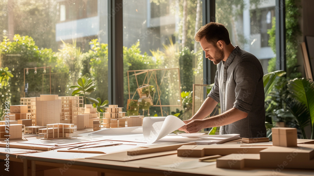 architect reviewing blueprints on a large drafting table, scale models ...