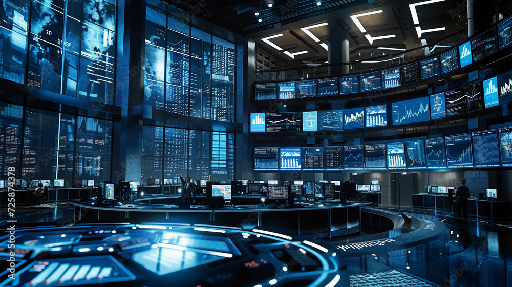 high-tech trading floor, screens displaying stock market graphs ...