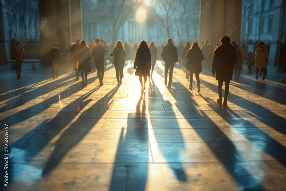 Shadows of people cast on a sunlit pavement, capturing their movements ...