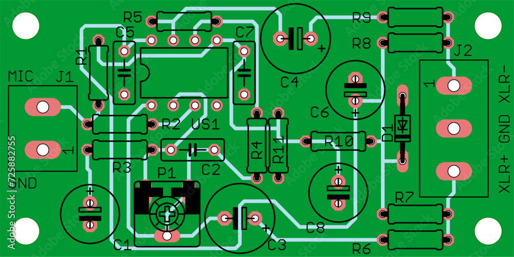 Vector printed circuit board of electronic device with components of ...