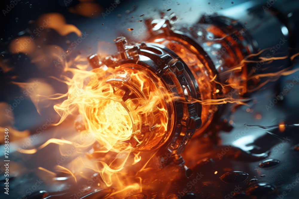 A macro photograph of a spark igniting fuel, capturing the moment of ...