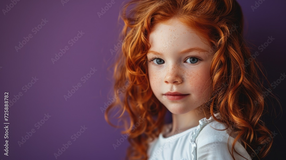 little girl with ginger hair in front of violet background, free copy ...