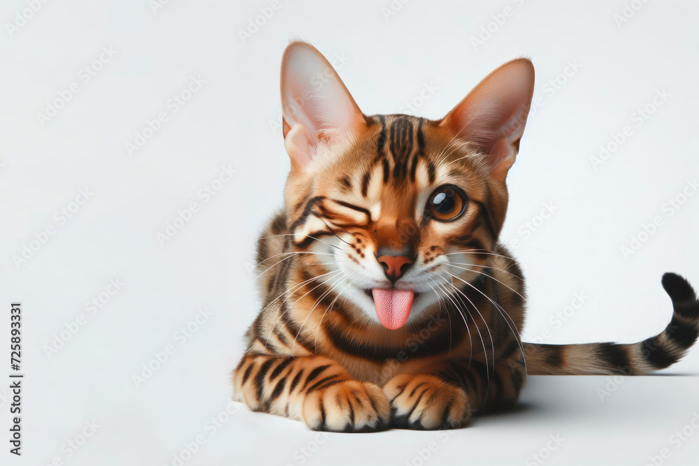 Funny bengal cat winking and sticking out tongue on solid white ...